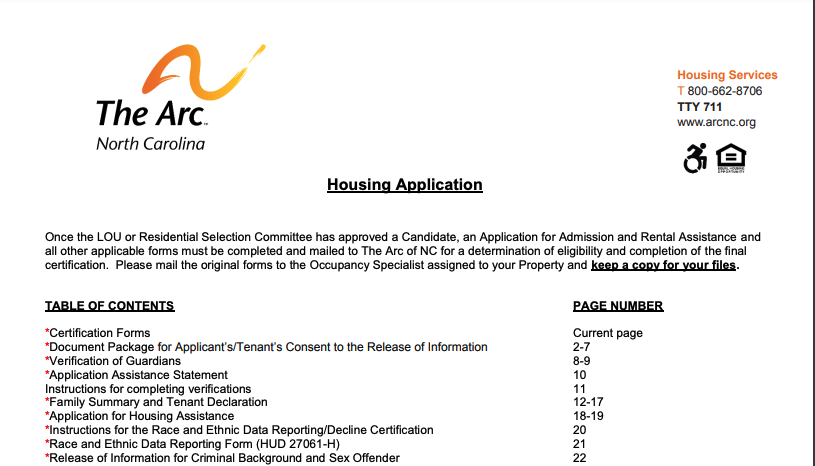 Sample Housing Application - The Arc of NC
